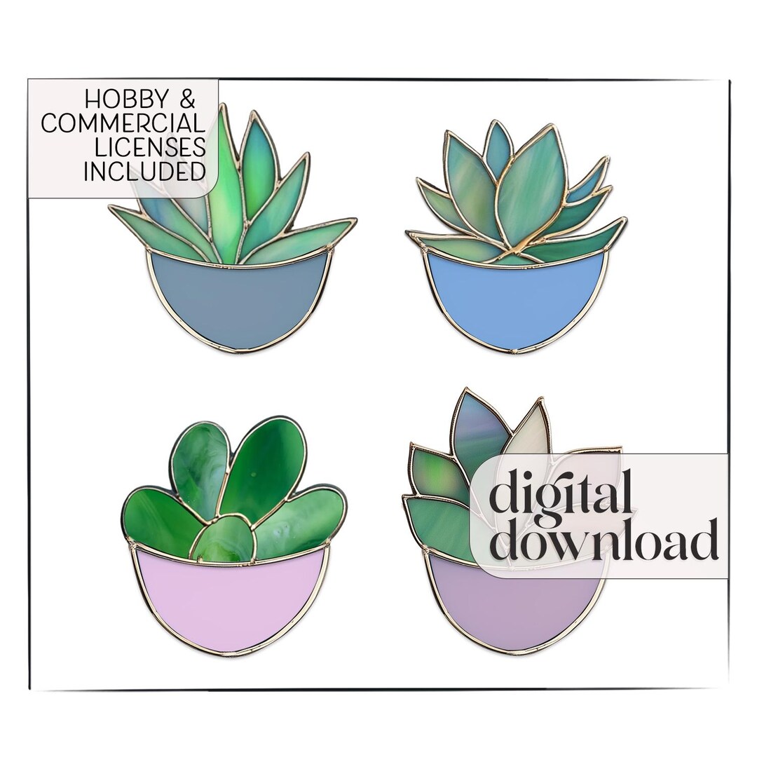 Stained Glass Succulent Patterns, Mini Cactus Stained Glass Printable ...