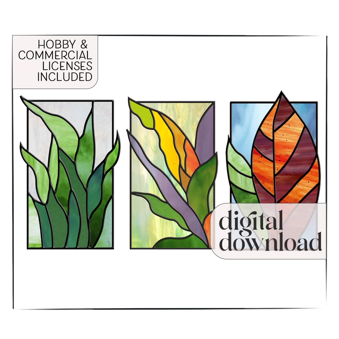 Modern Stained Glass Plant Patterns, 3 Printable Tropical Plant Stain ...