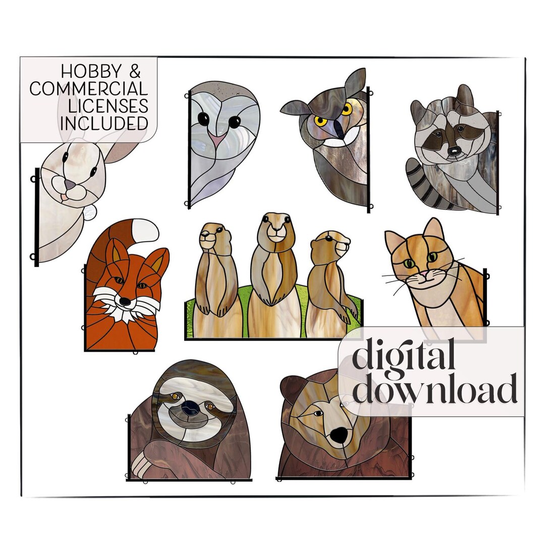9 Charming Stained Glass Patterns - Owl, Cat, Bear, Sloth & More (pdfs ...