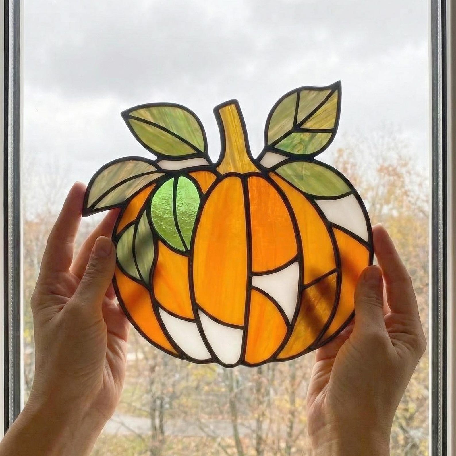 Leafy Pumpkin Stained Glass Pattern: Halloween Suncatcher Design (PDF ...