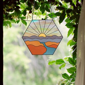 Hexagon Landscape Stained Glass Pattern, Modern Stained Glass Design ...