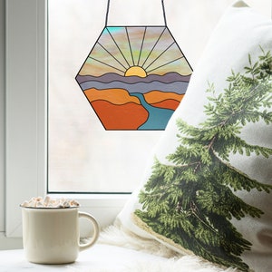 Hexagon Landscape Stained Glass Pattern, Modern Stained Glass Design ...