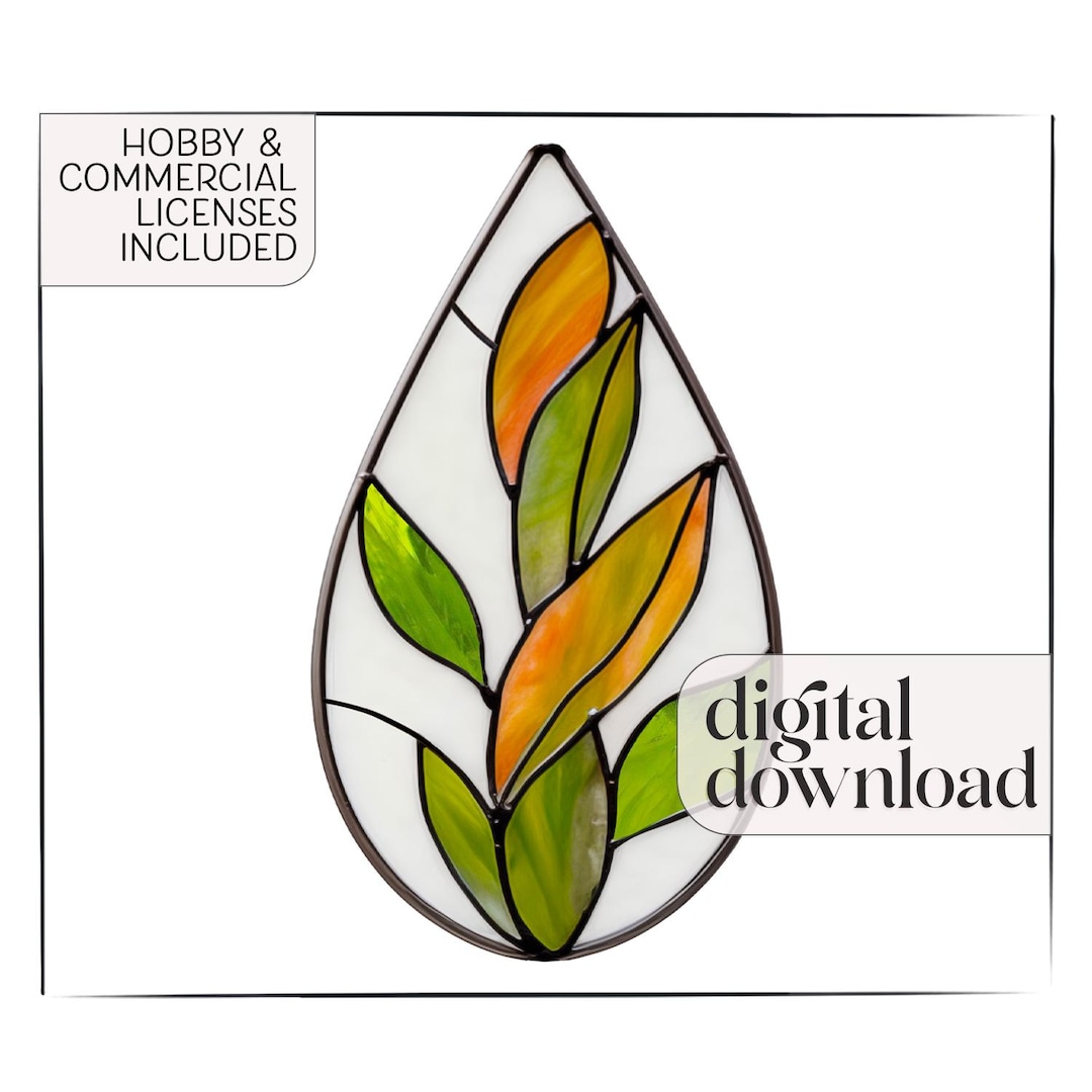 Modern Stained Glass Leaves Pattern, Printable Teardrop Leaves Stained ...