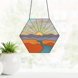 Hexagon Landscape Stained Glass Pattern & PNG, Modern Stained Glass ...