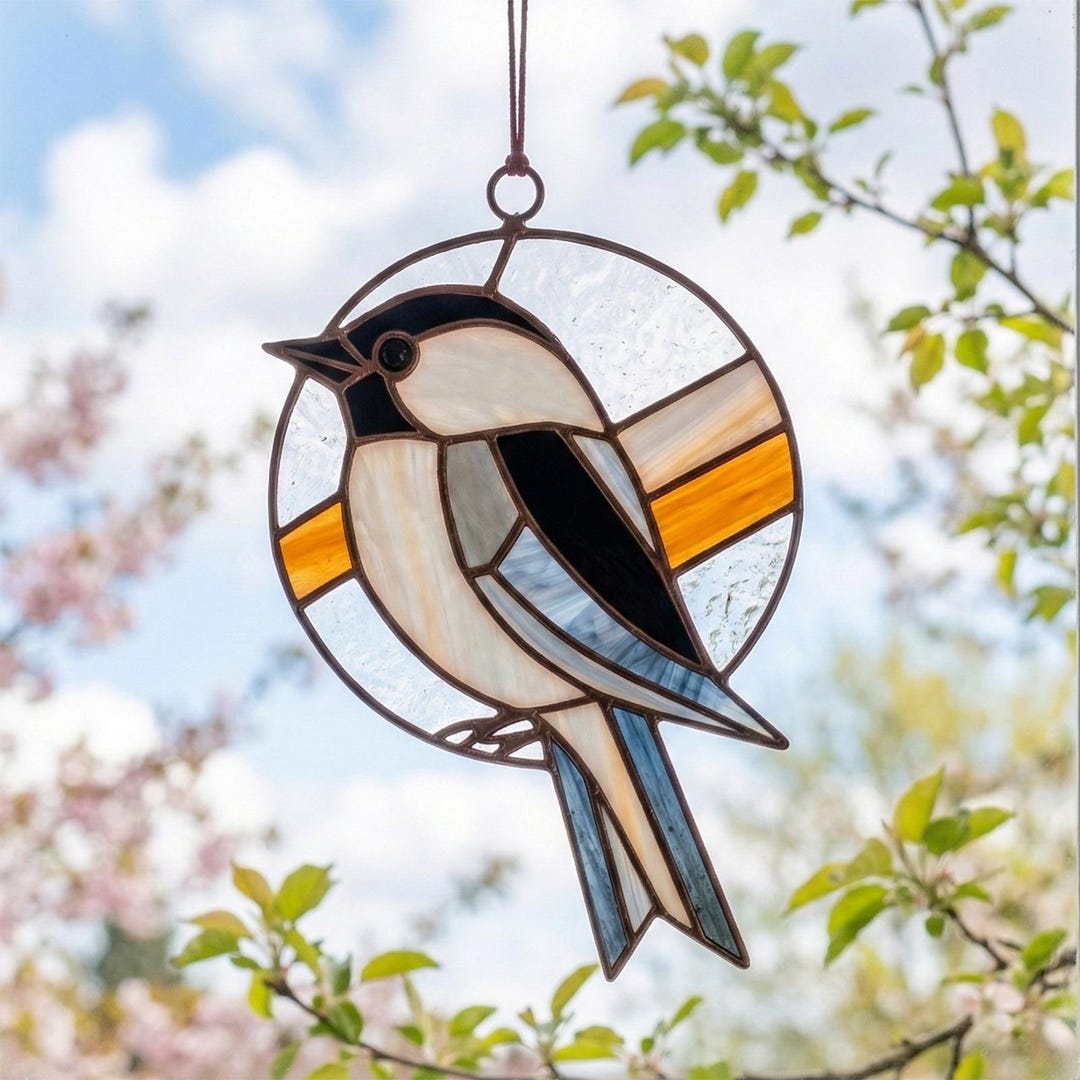Stained Glass Chickadee Pattern: Bird Suncatcher Template (PNG & PDF ...