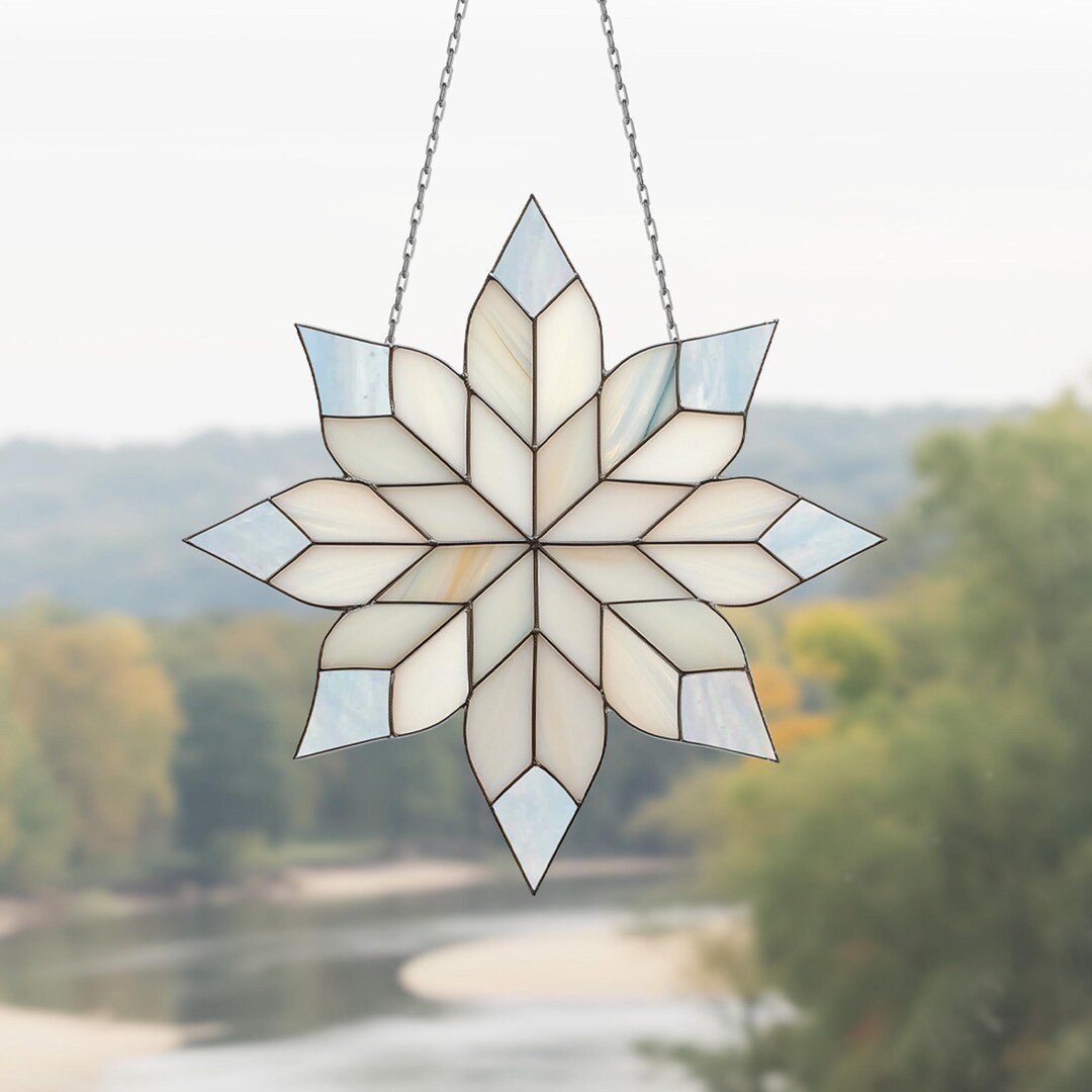 Snowflake Stained Glass Pattern: Modern Sun Catcher Template (PDF & PNG ...