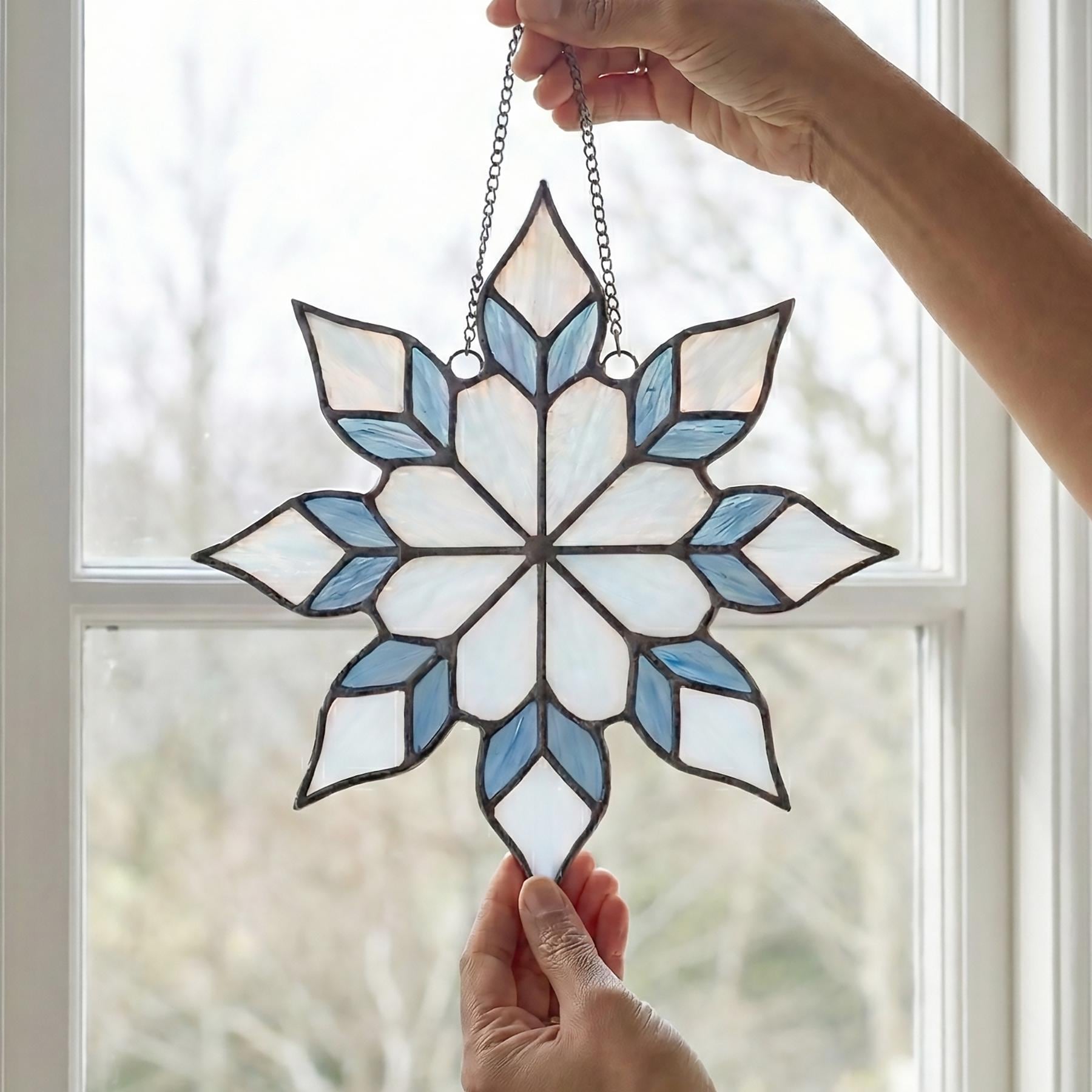Snowflake Stained Glass Pattern: Modern Sun Catcher Template (PNG & PDF ...