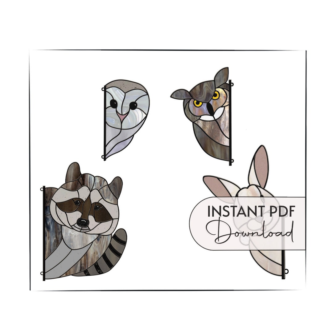 Wildlife Stained Glass Patterns Bundle: Owls, Raccoon, Rabbit Digital ...