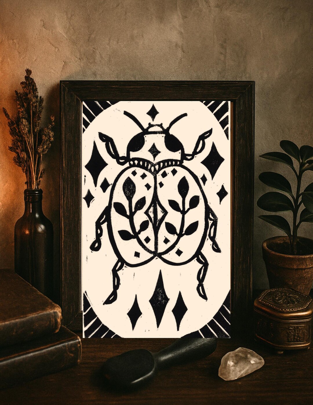 Folk Beetle Linocut – Digital Download | Botanical Insect Art | Black ...