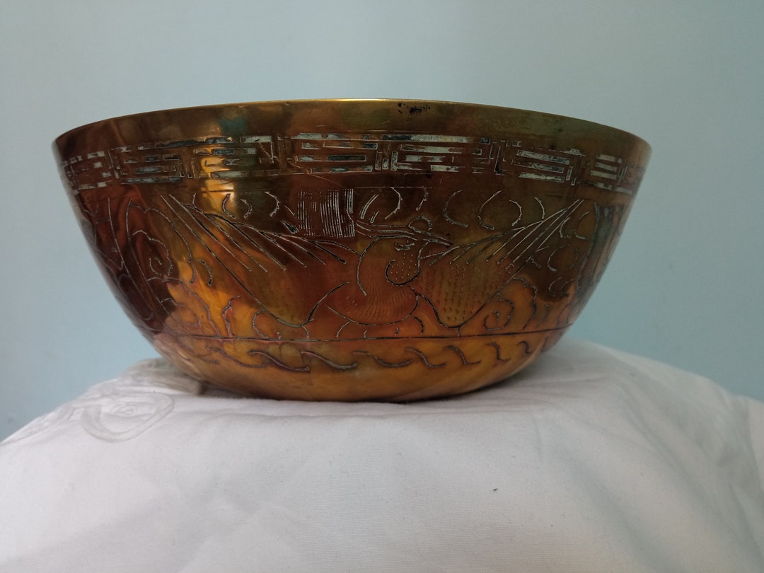 Etched Chinese Brass Bowl Mythical Animals Creatures Traditional Old ...
