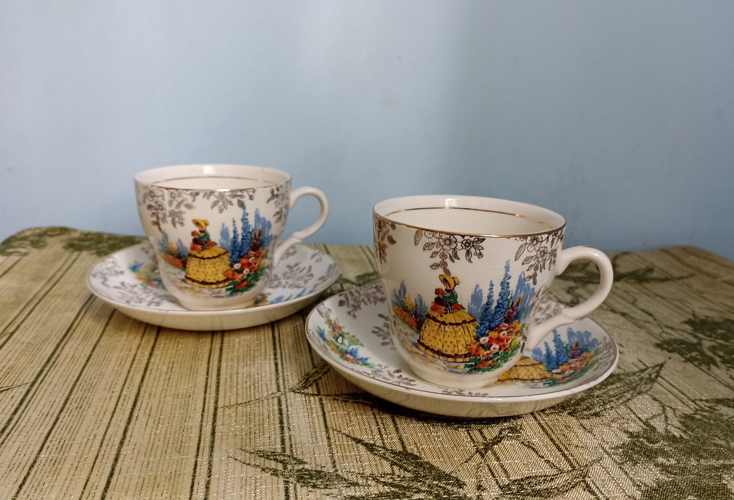 Vintage Crinoline Lady Set 2 Cups Saucers - Etsy
