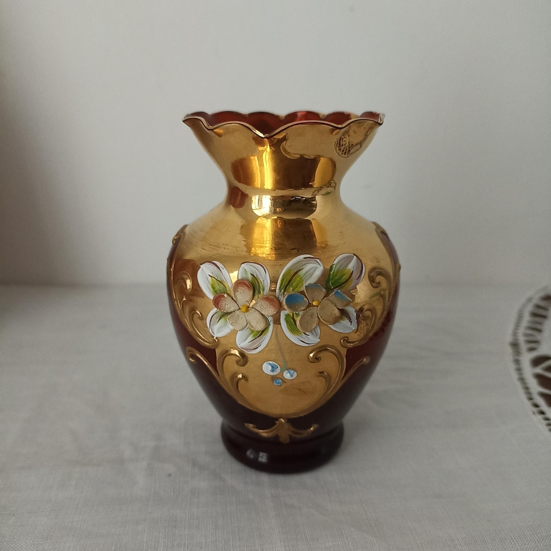 Vintage Bohemian Czech Painted Ruby Red Gold Guilt Crystal Glass Gold ...