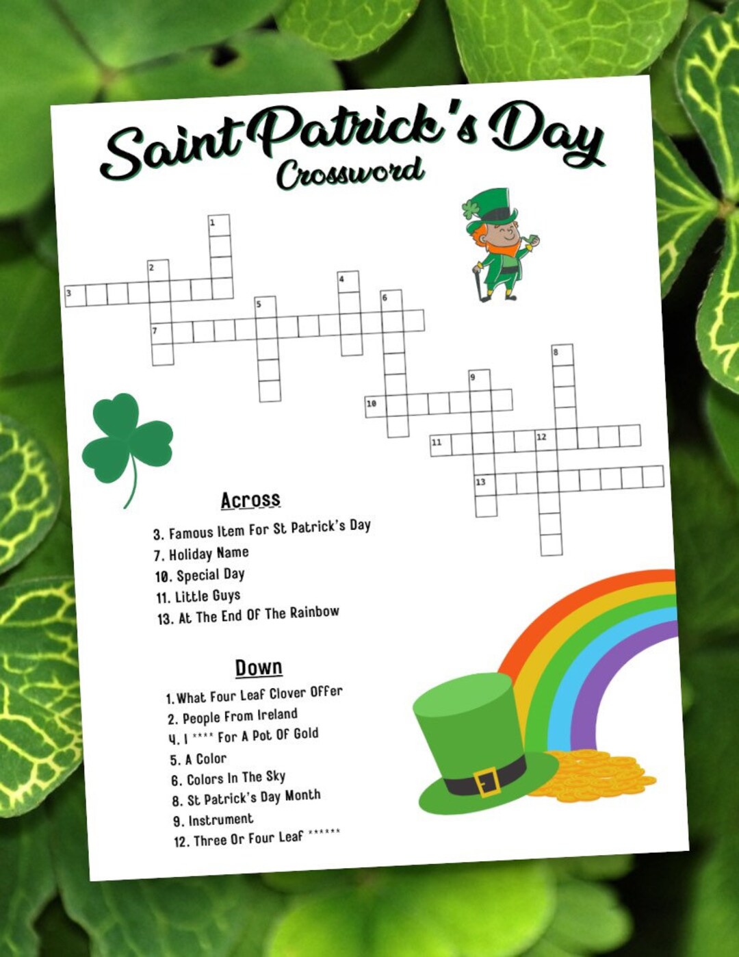 Saint Patrick’s Day Crossword Puzzle Printable PDF, Printable St. Paddy ...