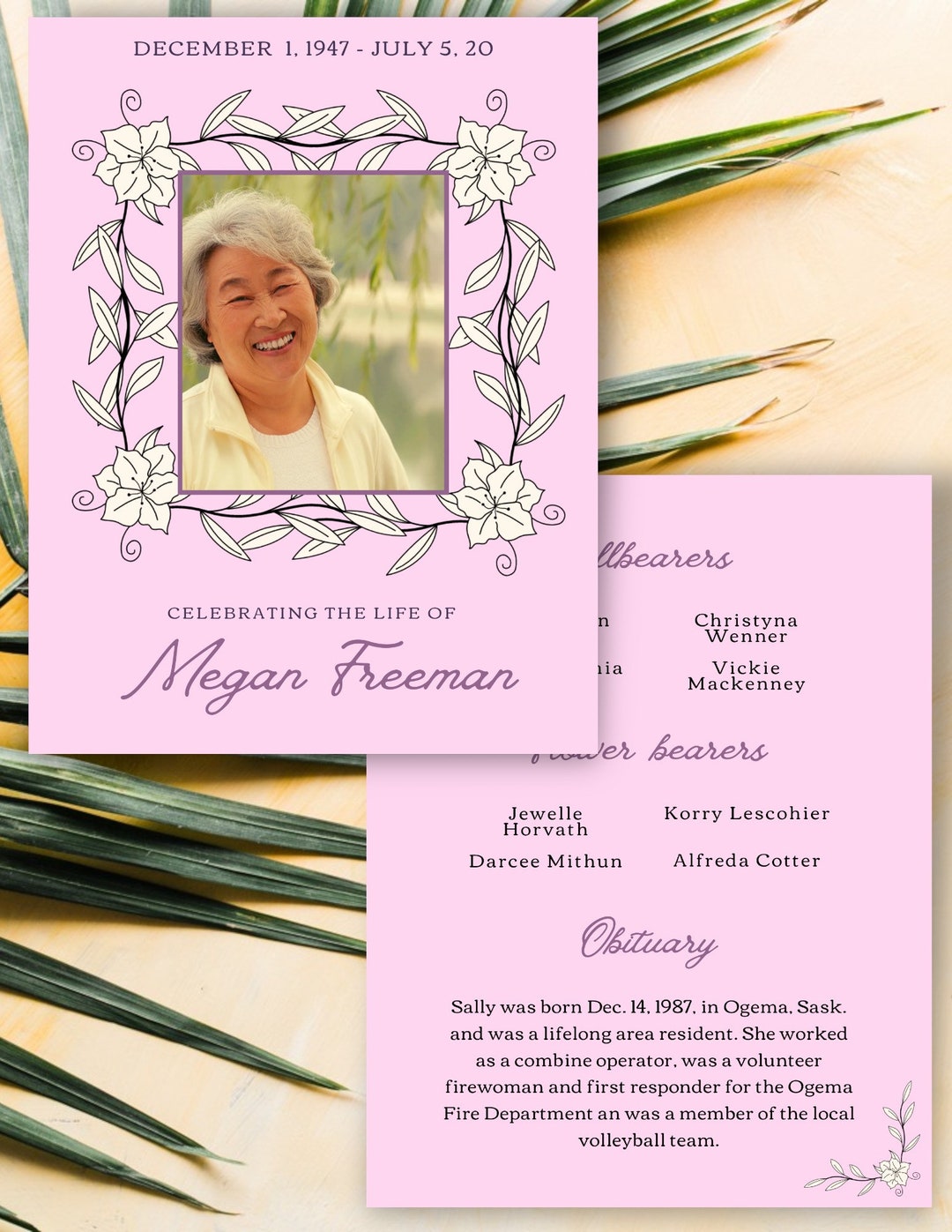 Obituary Template for Woman Editable Funeral Program, Printable Funeral ...