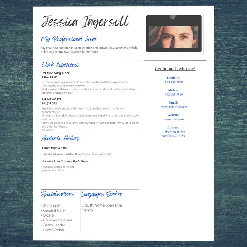 RÈSUMÈ With Picture TEMPLATE, EDITABLE Digital Download, Custom Résumé ...