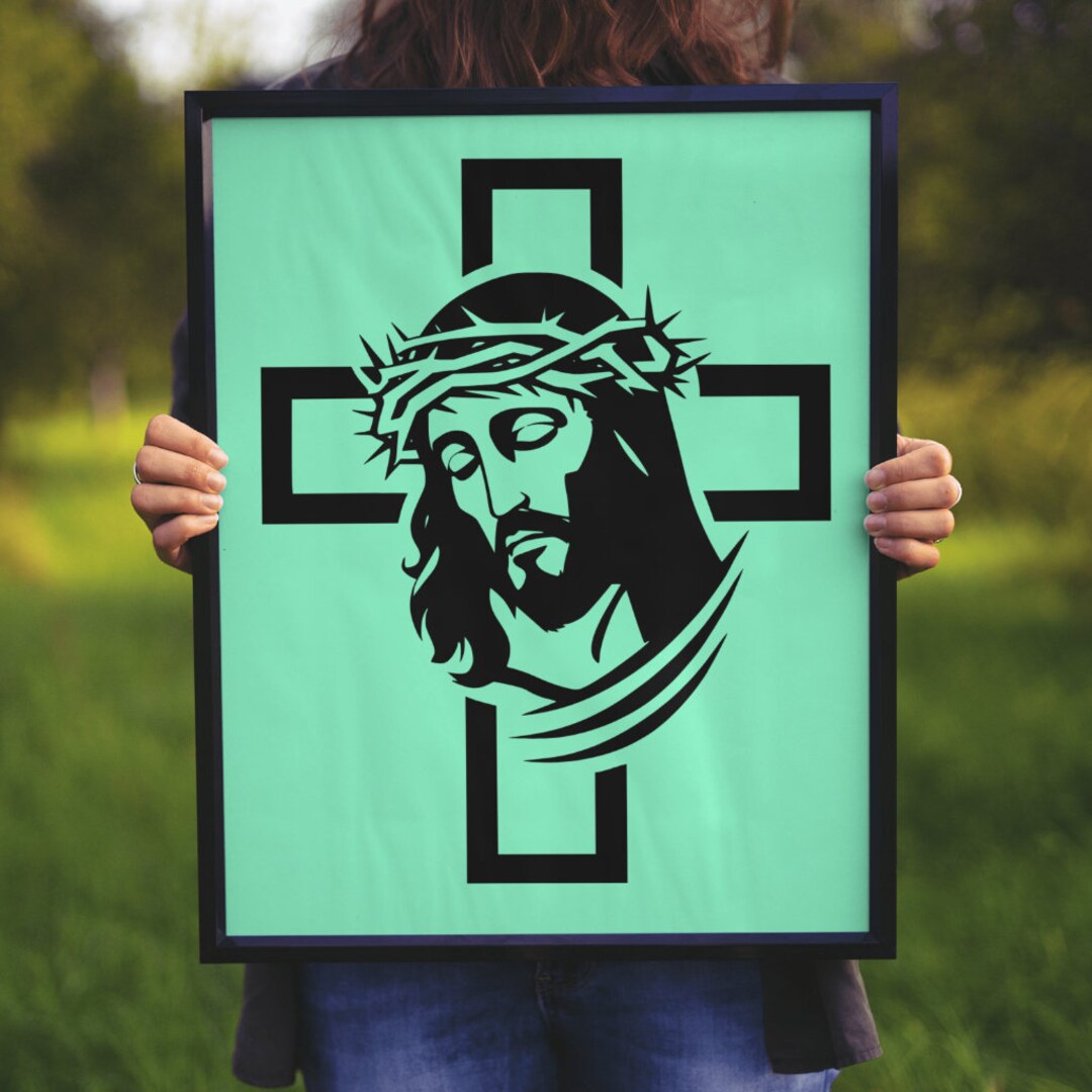 Jesus Christ With Crown of Thorns Enveloped in Cross - Silhouette ...