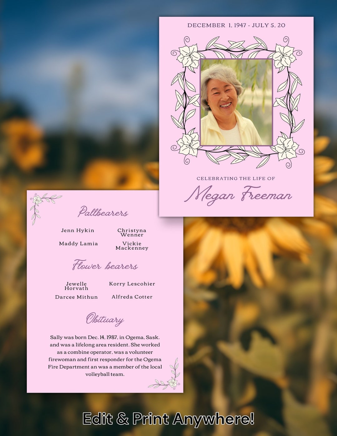 Woman’s Editable Funeral Template, Printable Funeral Pamphlet, Obituary ...