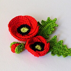 Small Hand Crochet Poppies With Two Leaves, Small Poppy Embellishment ...