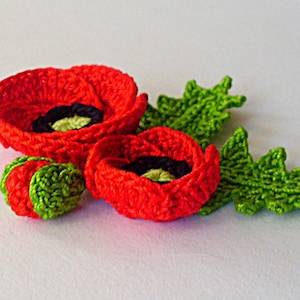Small Hand Crochet Poppies With Two Leaves, Small Poppy Embellishment ...