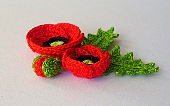 Small hand crochet poppies with two leaves small poppy | Etsy