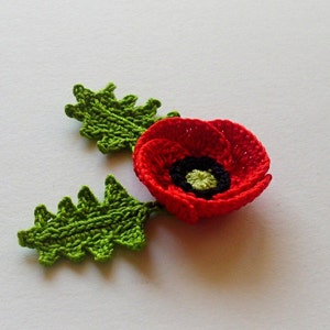 Small Hand Crochet Poppy With Two Leaves, Small Poppy Embellishment ...