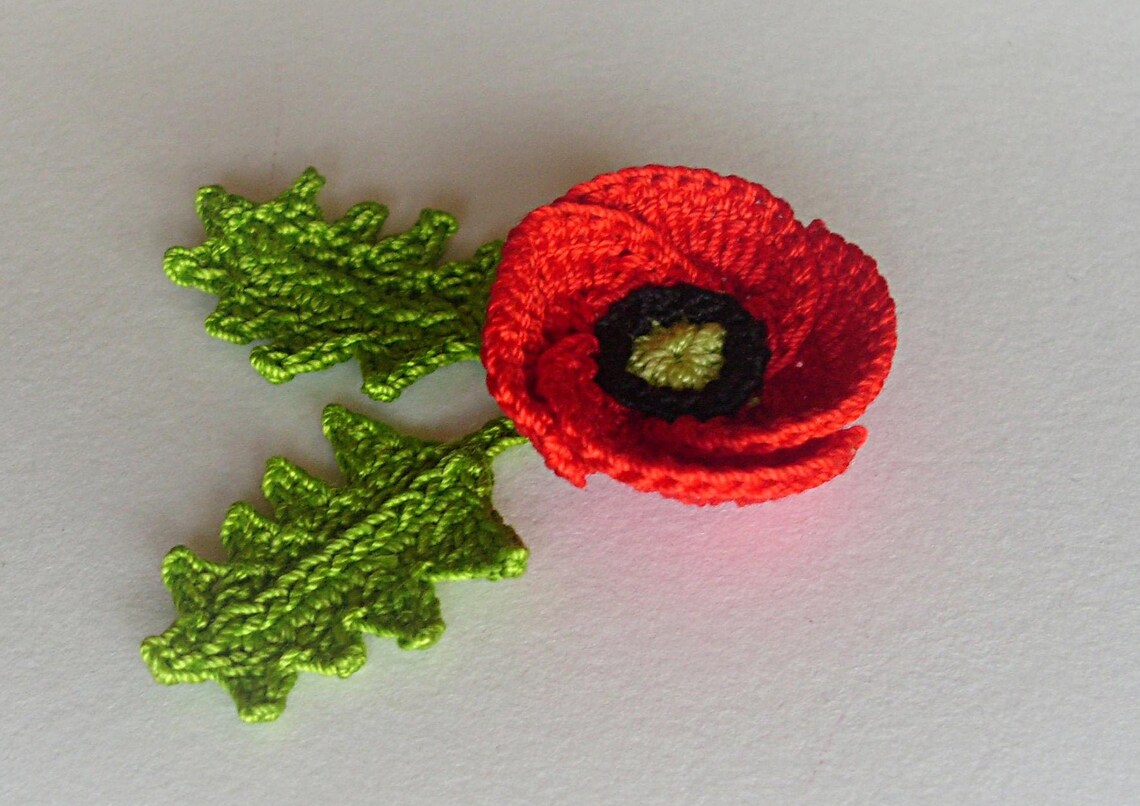 Small Hand Crochet Poppy With Two Leaves, Small Poppy Embellishment ...
