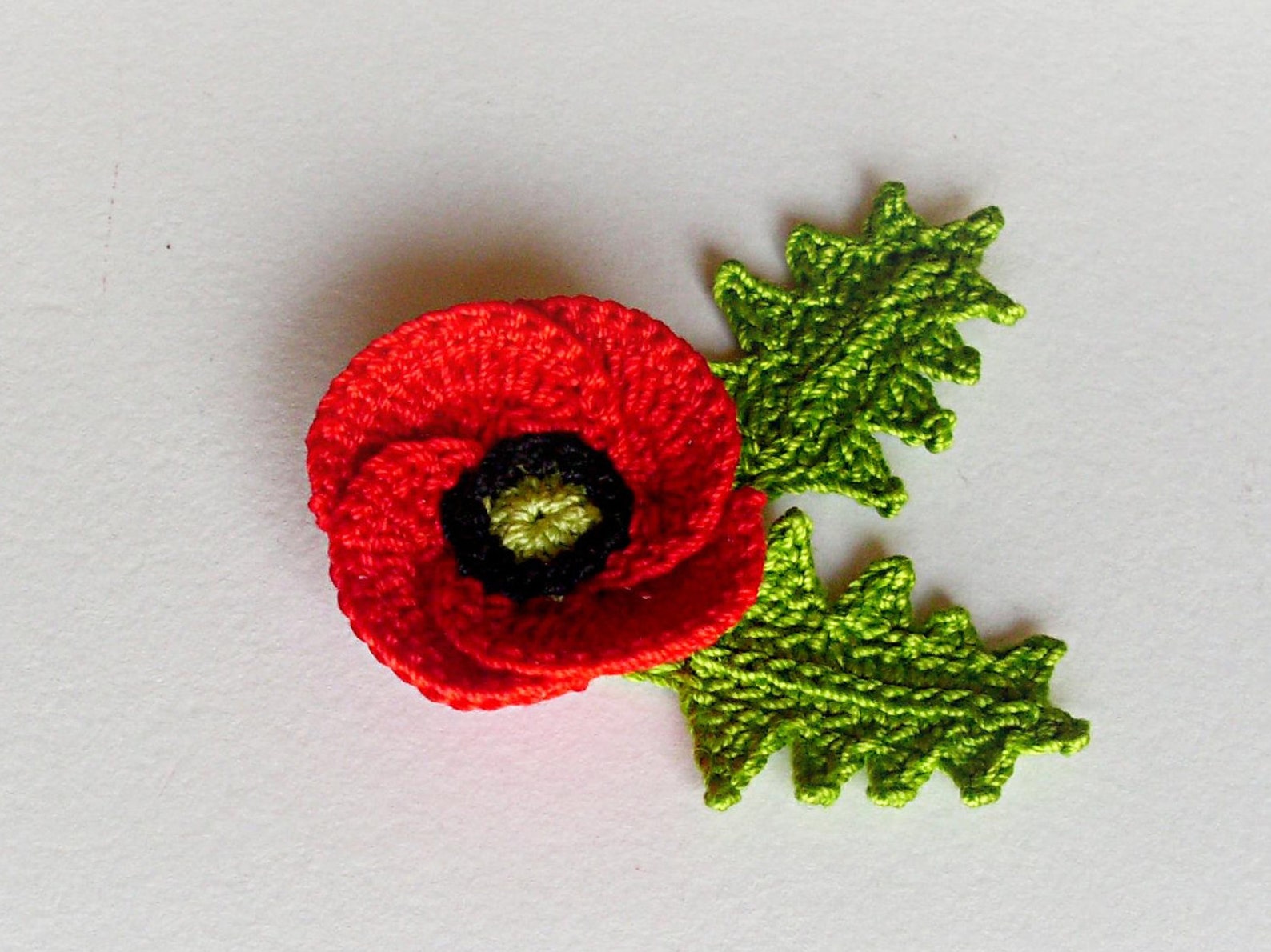 Small Hand Crochet Poppy With Two Leaves, Small Poppy Embellishment ...