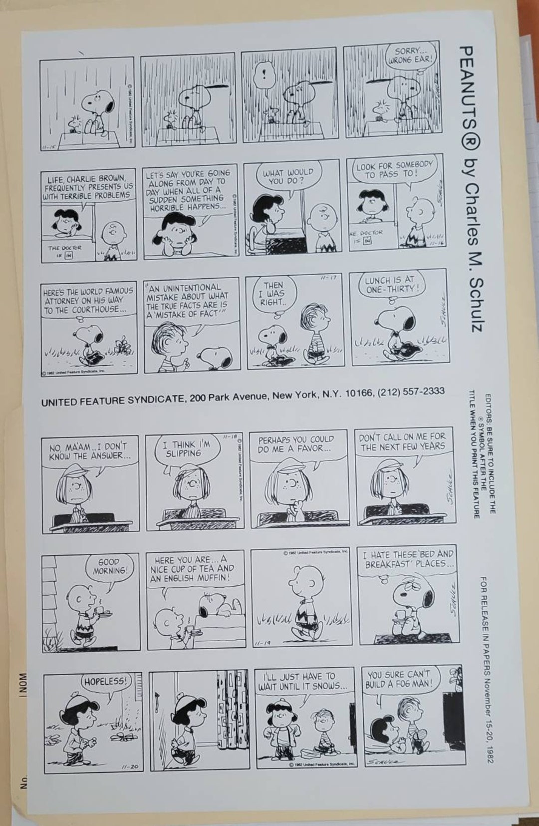 Peanuts, Snoopy Original Production Art Newspaper Proof Page Week of ...