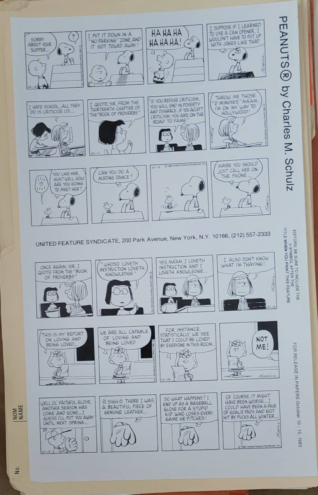 Peanuts, Snoopy Original Production Art Newspaper Proof Page Week of 10 ...