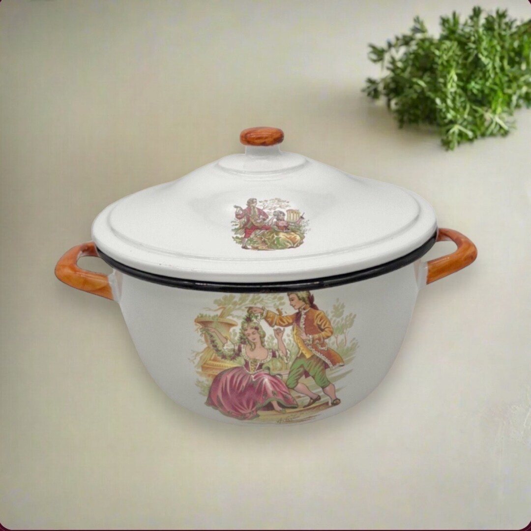 French Enamel Stockpot, Farmhouse Kitchen Enamel Casserole Pan, Vintage ...
