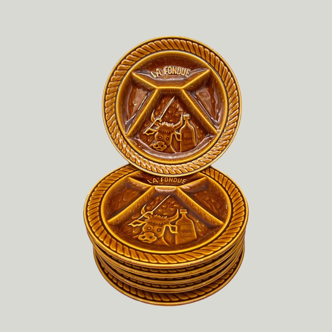 French Vintage Fondue Plates, Glazed Sectioned Plates, Retro Buffet ...