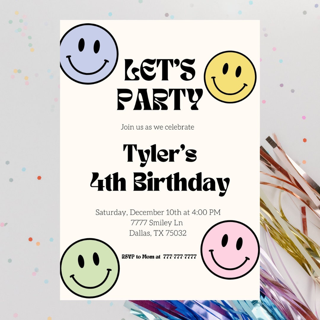 Smiley Face Birthday Invitation, Editable Template, Happy Face, Neutral ...