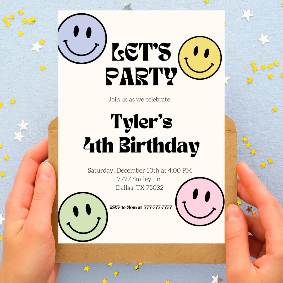 Smiley Face Birthday Invitation, Editable Template, Happy Face, Neutral ...