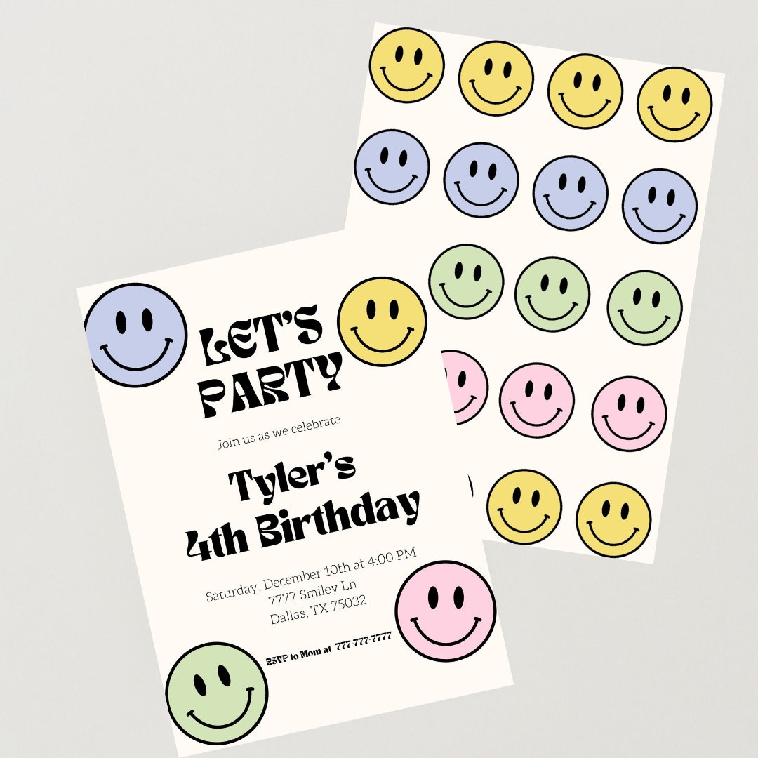 Smiley Face Birthday Invitation, Editable Template, Happy Face, Neutral ...