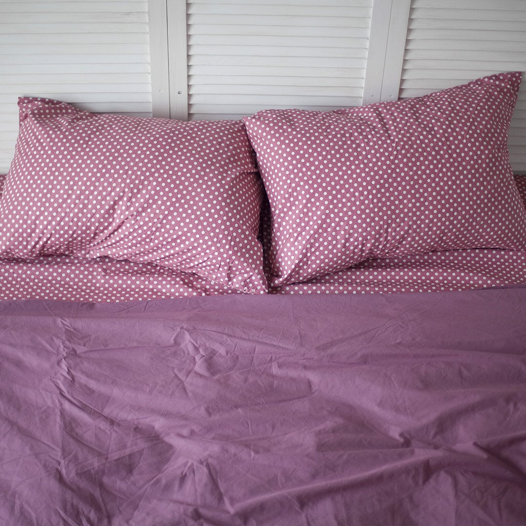 Cotton Sheets Set of 4 Pieces in Purple Polka Dot. Fitted Sheet + Duvet ...