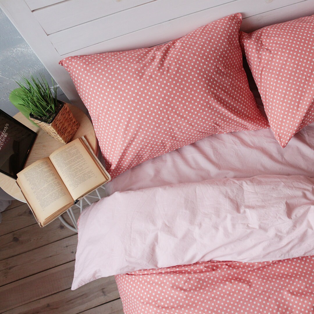 Natural Cotton Double-sided Duvet Cover in Orange Peas and Peach Powder ...