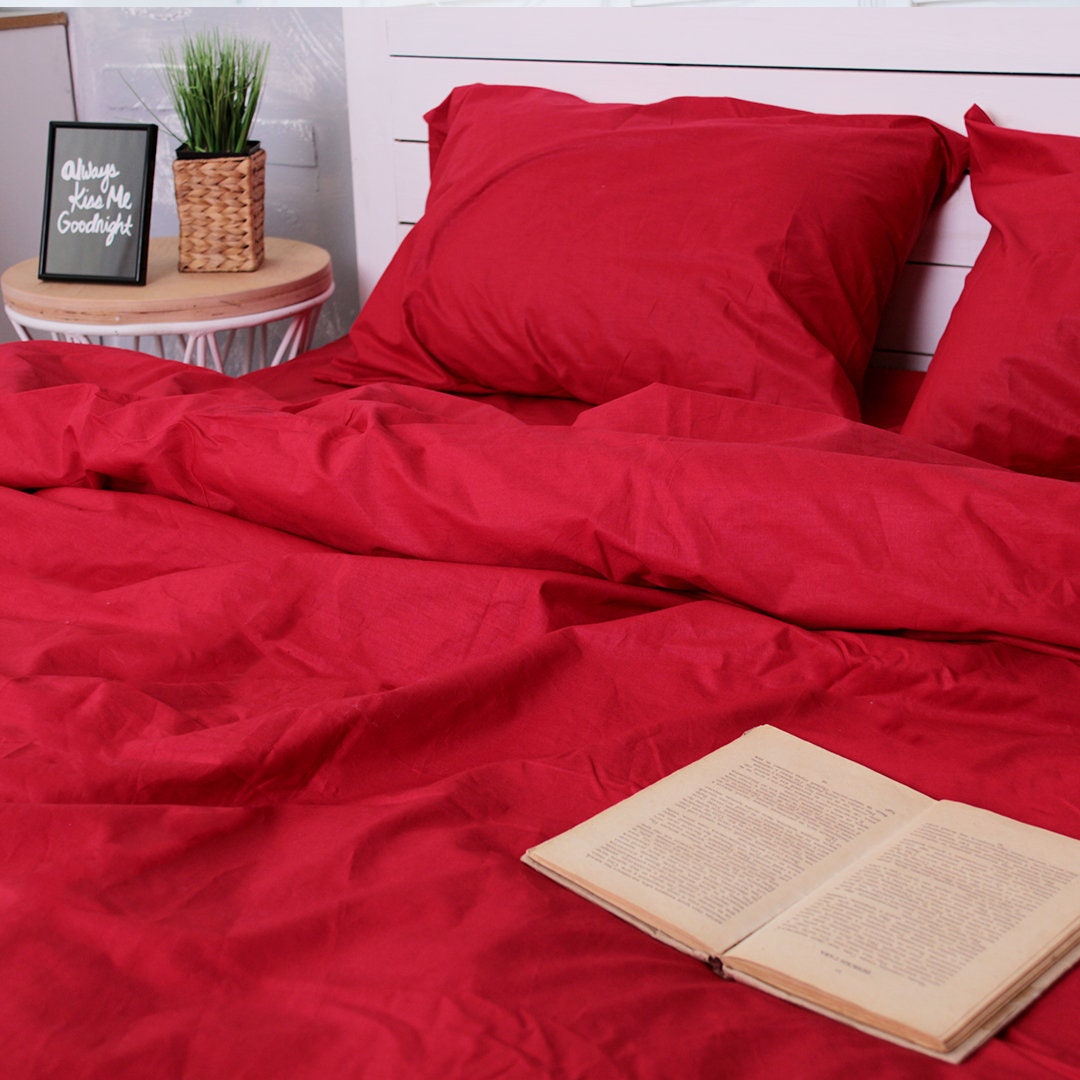 Natural Cotton Duvet Cover in Red. Twin, Full, Queen, King, Single ...