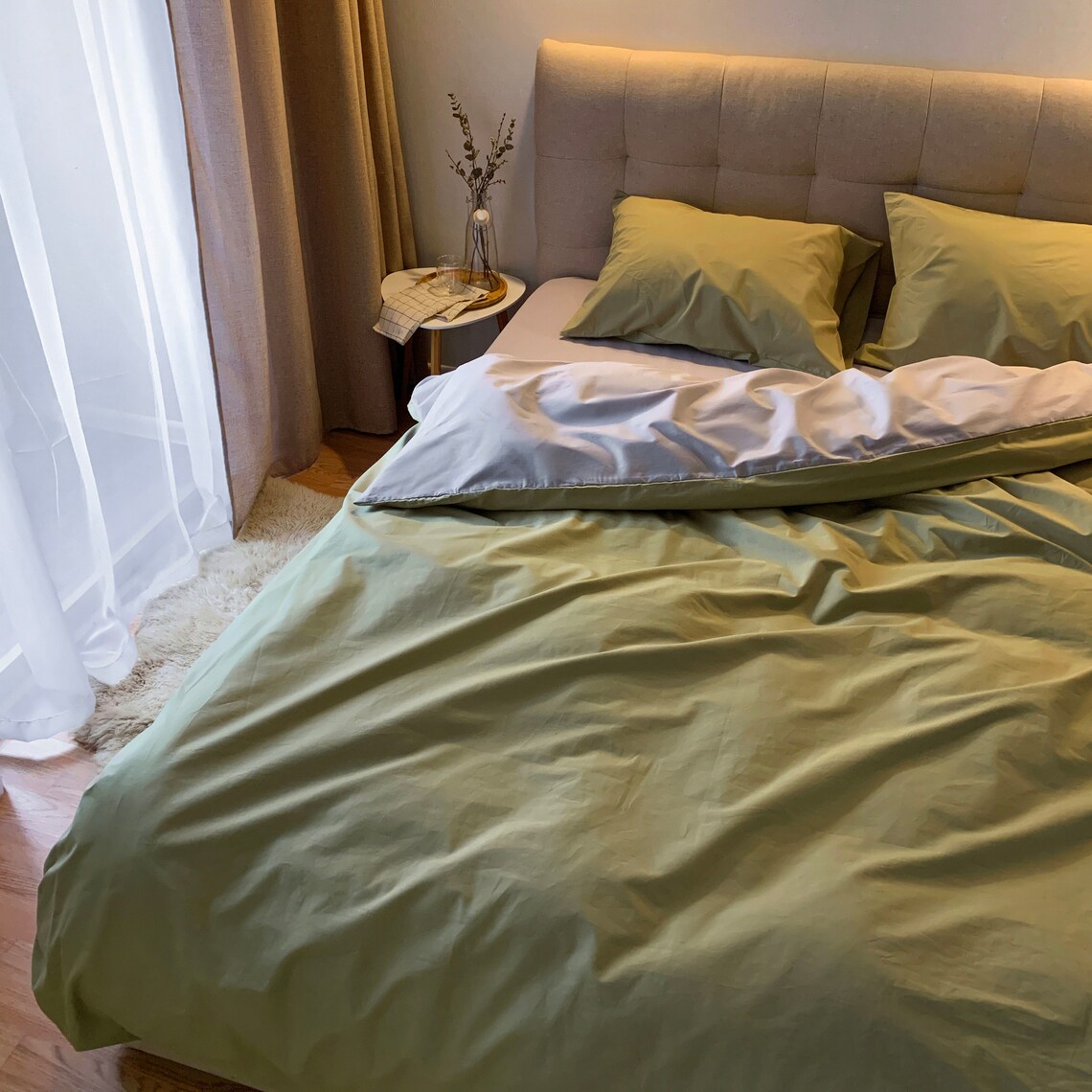 Cotton Sheets Set of 4 Pieces in Gray and Olive. Top Sheet - Etsy