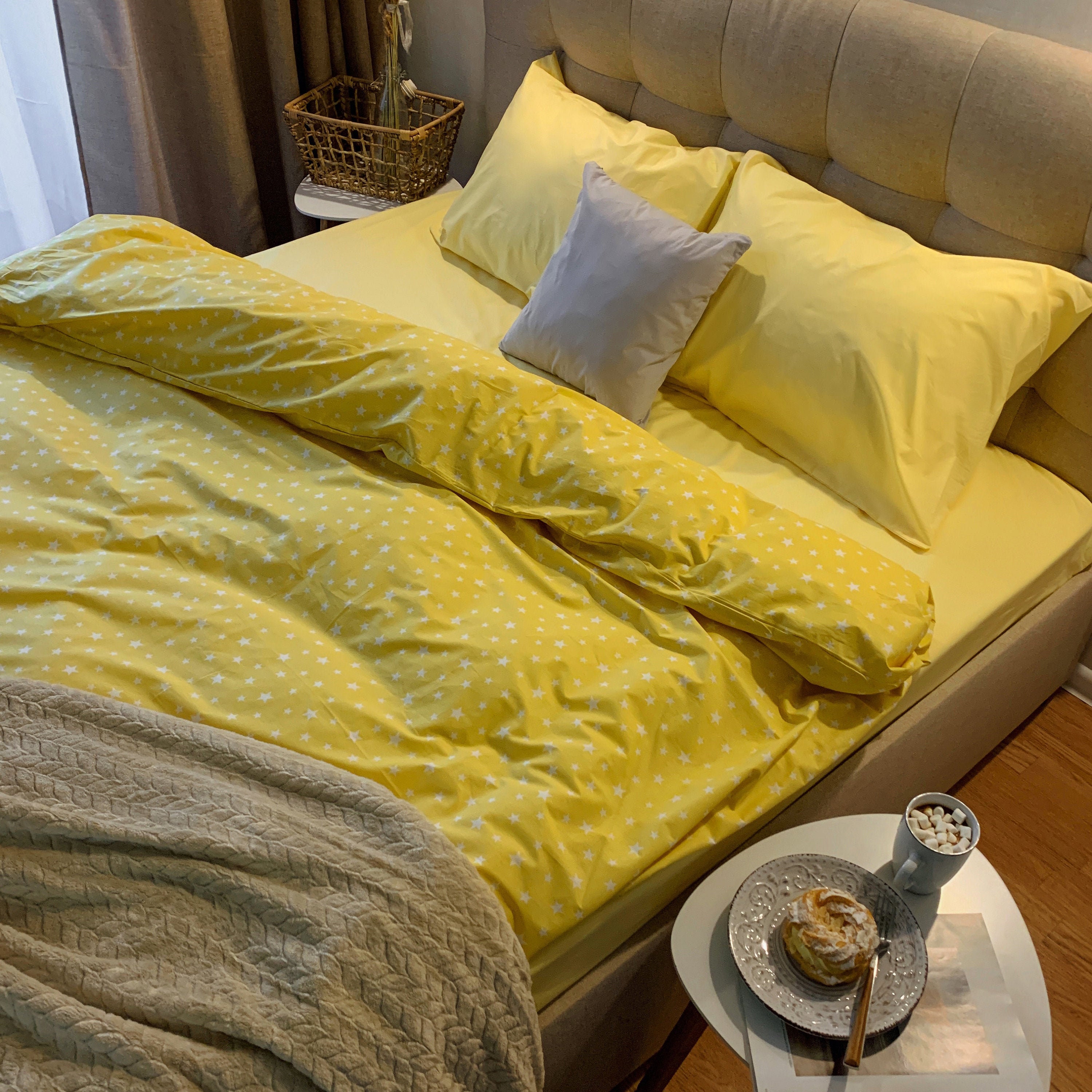 Cotton Duvet Cover Set in Yellow. Duvet Cover + 2 Pillowcases. Twin ...