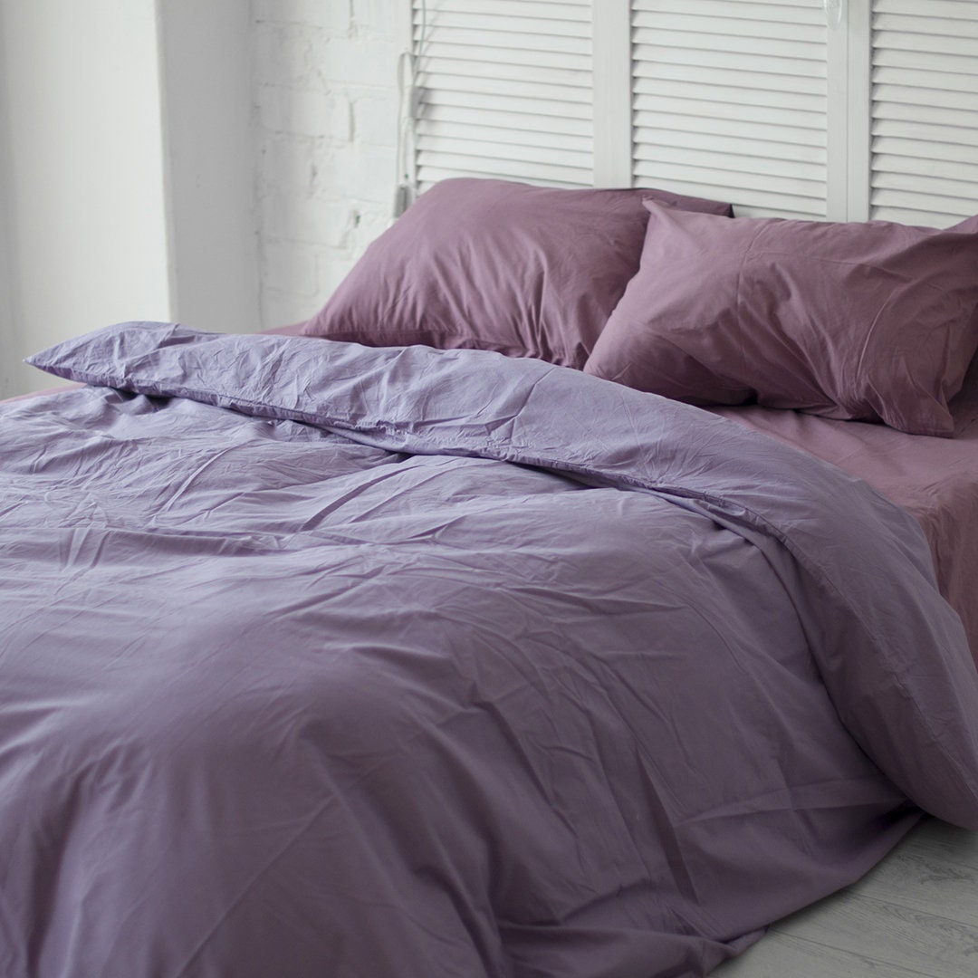 Cotton Bedding Set of 5 Pieces in Purple and Violet. Flat Sheet, Fitted ...