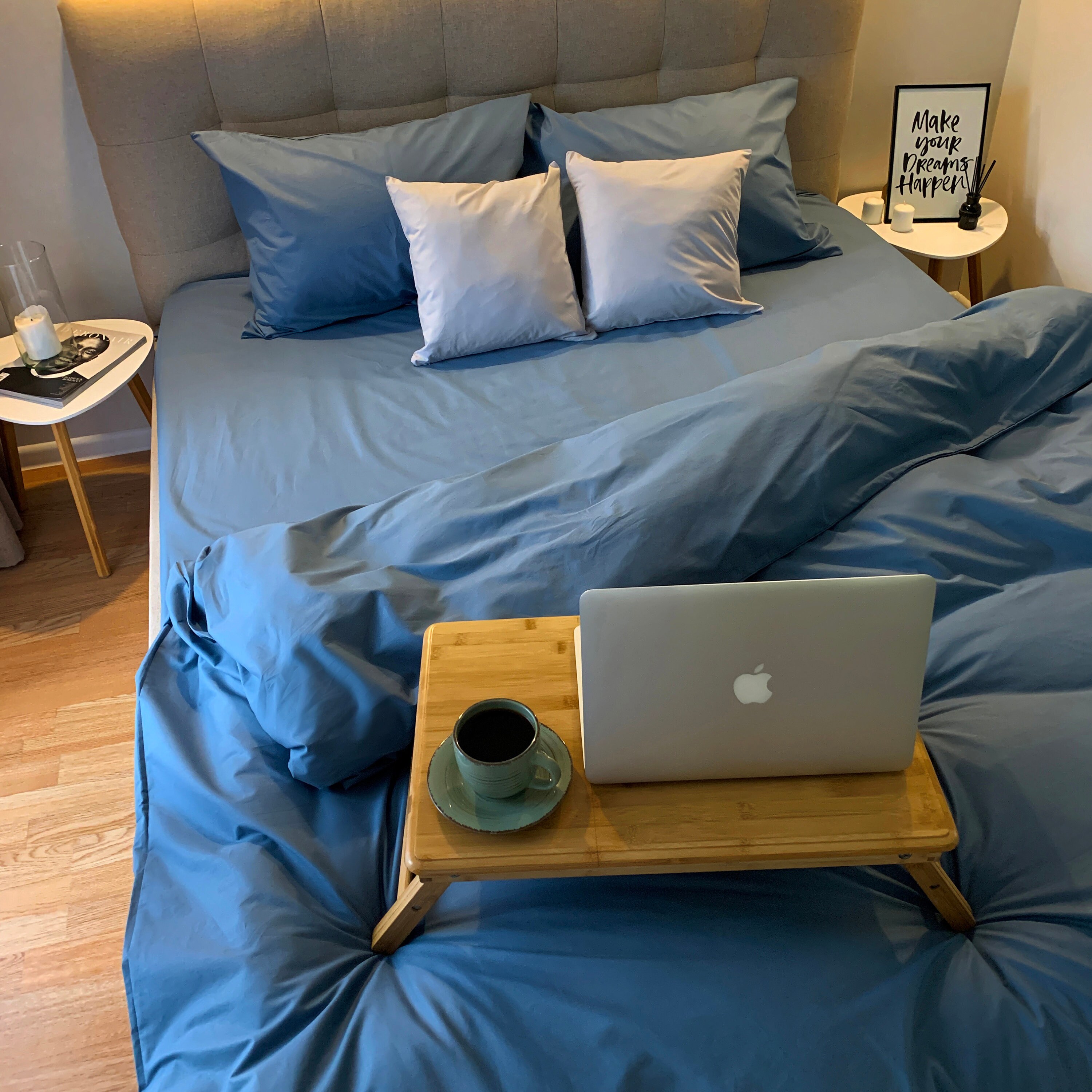 Cotton Sheets Set of 4 Pieces in Indigo. Top Sheet, Fitted Sheet, 2 ...