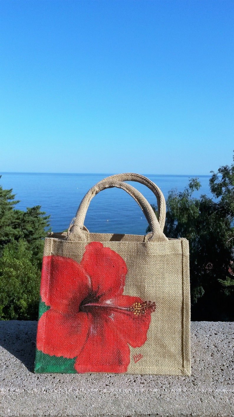 Hibiscus Hand Painted Jute Bag for Women - Etsy