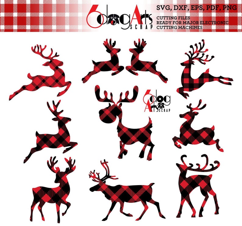 9 Christmas Buffalo Plaid Reindeer Clip Arts Digital Cut Files Etsy