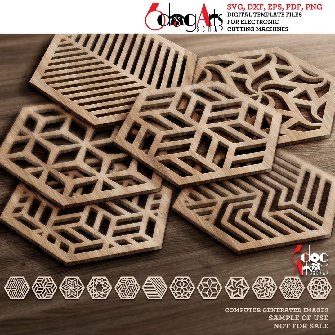 12 Hexagonal Coaster Trivet Wall Decor Templates Vector Digital SVG DXF ...