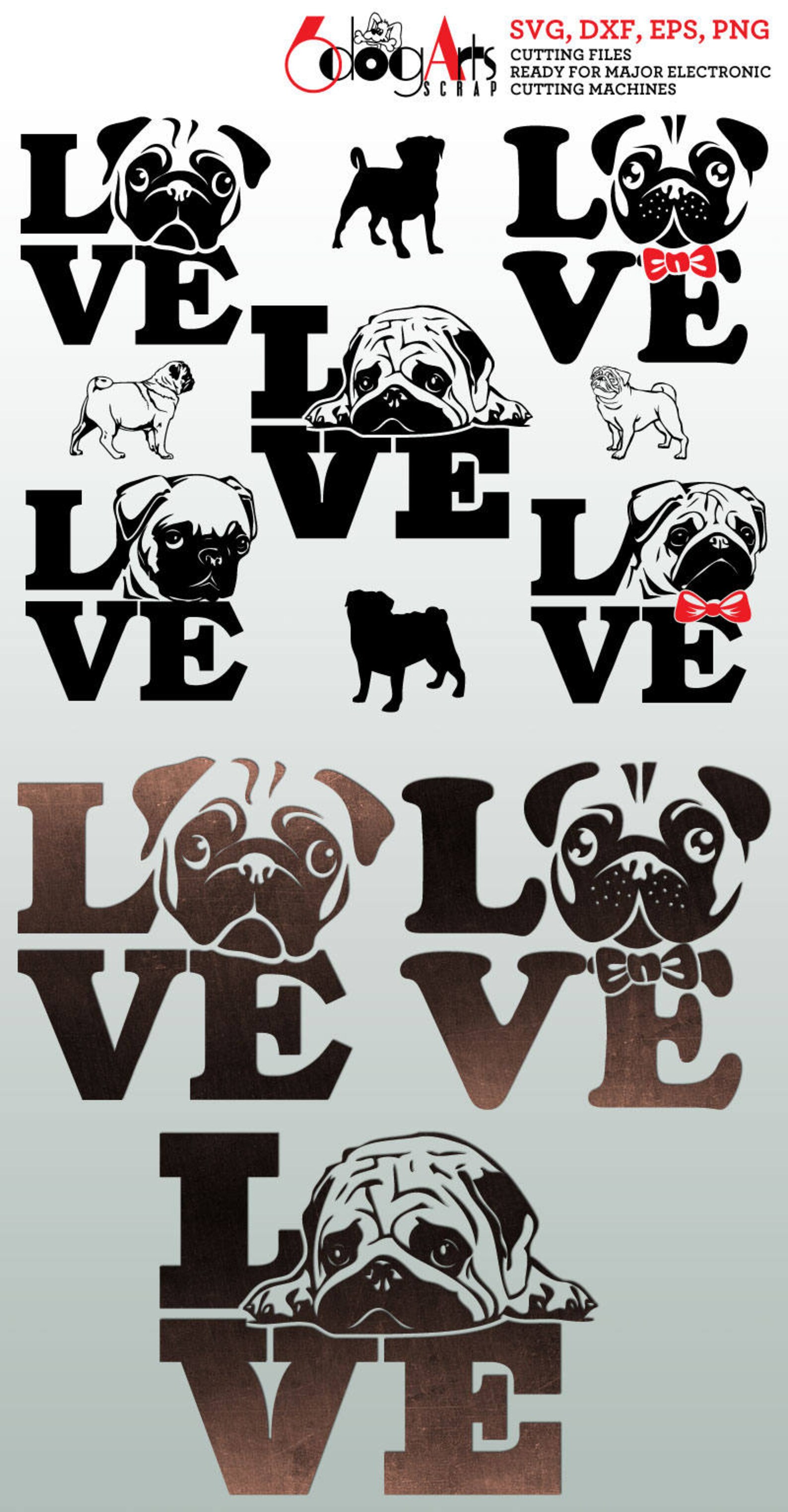 Pug Dog Love Digital Vector Files Svg Dxf Eps Png Silhouette - Etsy