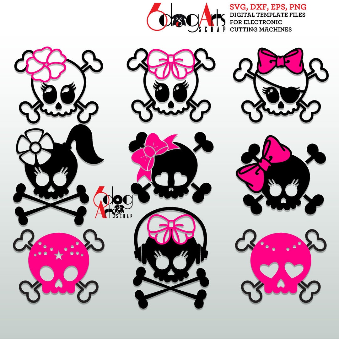 9 Kawaii Girl Skulls Vector Digital Files SVG DXF Cuttable Printable ...