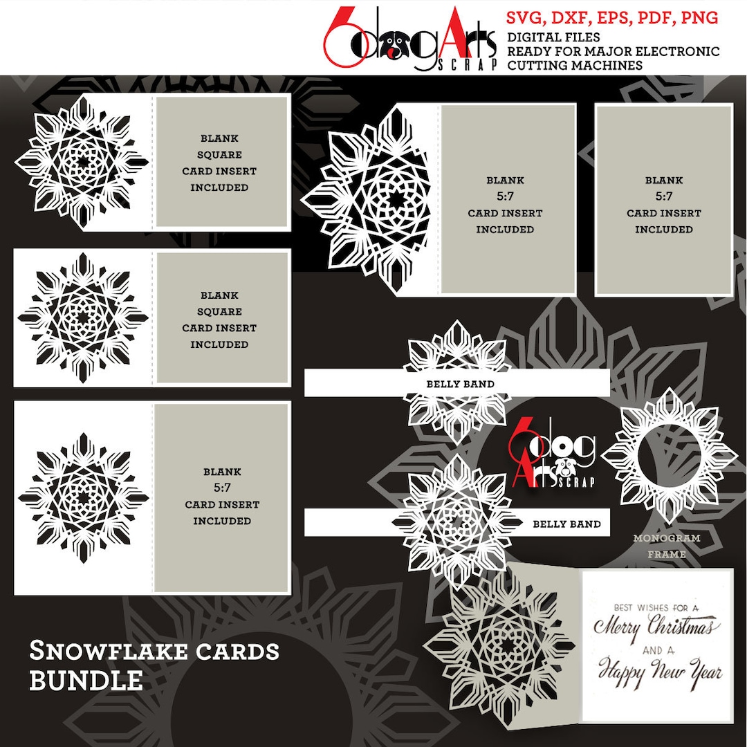7 Snowflake Christmas Card Templates Digital Cut SVG DXF Wedding ...