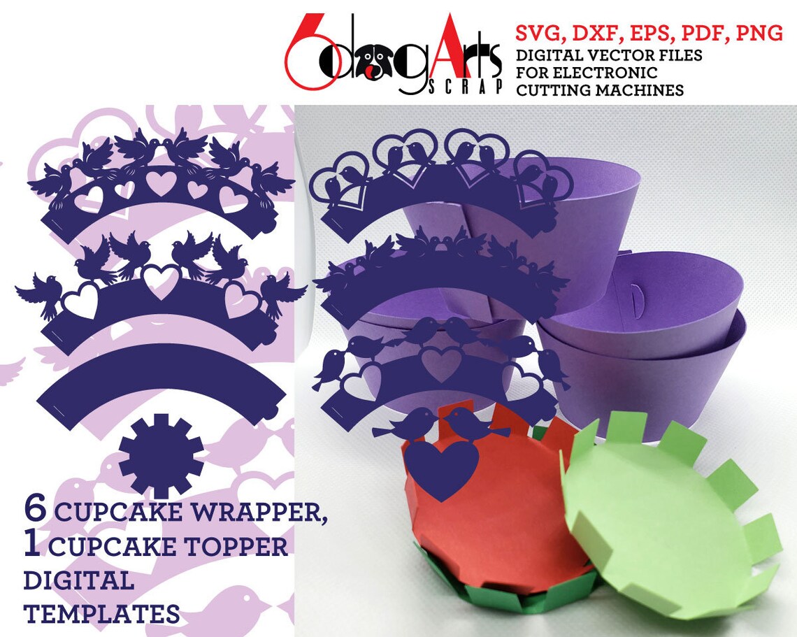 6 Wedding Cupcake Wrapper and 1 Topper Templates SVG DXF Vector Digital ...
