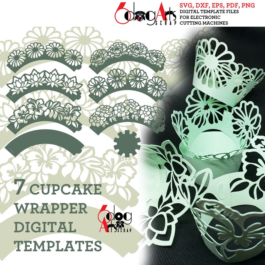 7 Floral Cupcake Wrapper Templates SVG DXF Vector Digital Files Laser ...