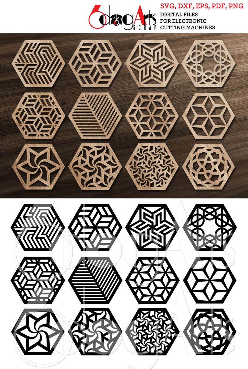 12 Hexagonal Coaster Trivet Wall Decor Templates Vector Digital SVG DXF ...
